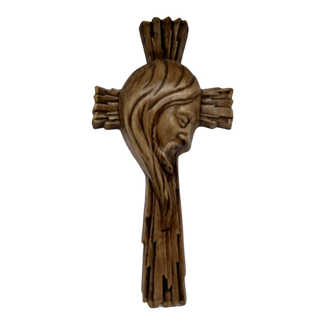 Vintage Chalkware Plaster Religious Jesus Head on Cross Wall Hanging ...