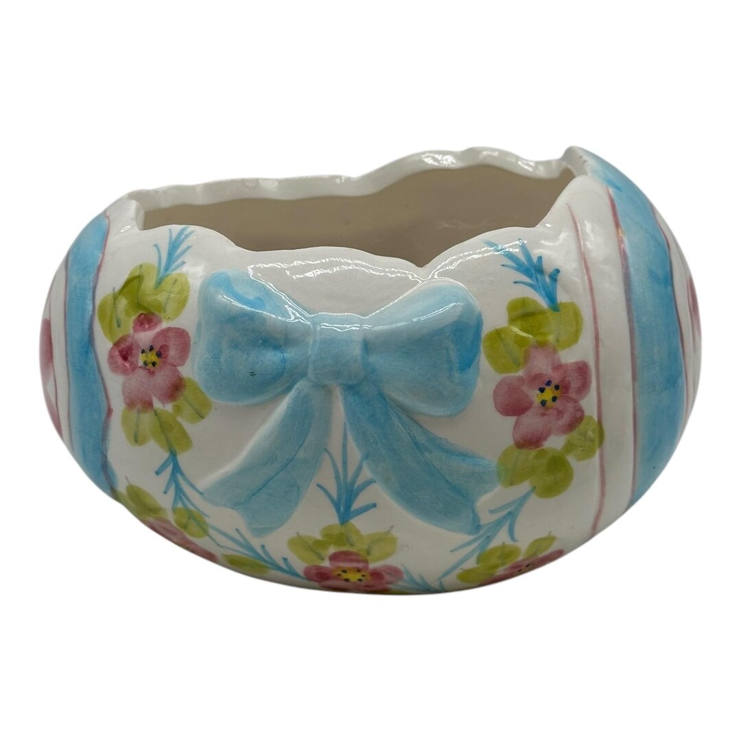 Vintage Easter Ceramic Egg Shaped Planter With Blue Bow - Etsy