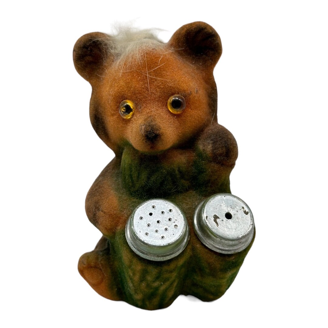 Vintage Flocked Brown Bear Cub Hugging Tree Salt and Pepper Shaker Set ...