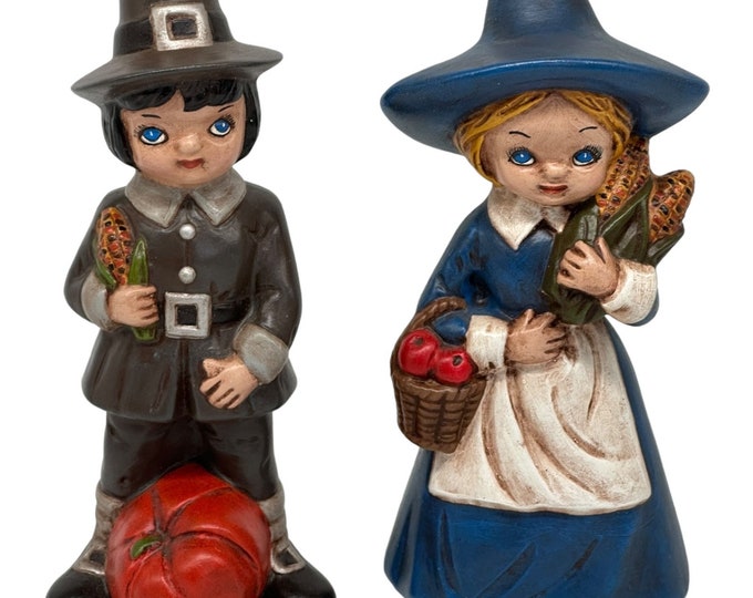 Vintage Hand Painted Ceramic Pilgrim Boy & Girl Figurine Thanksgiving ...