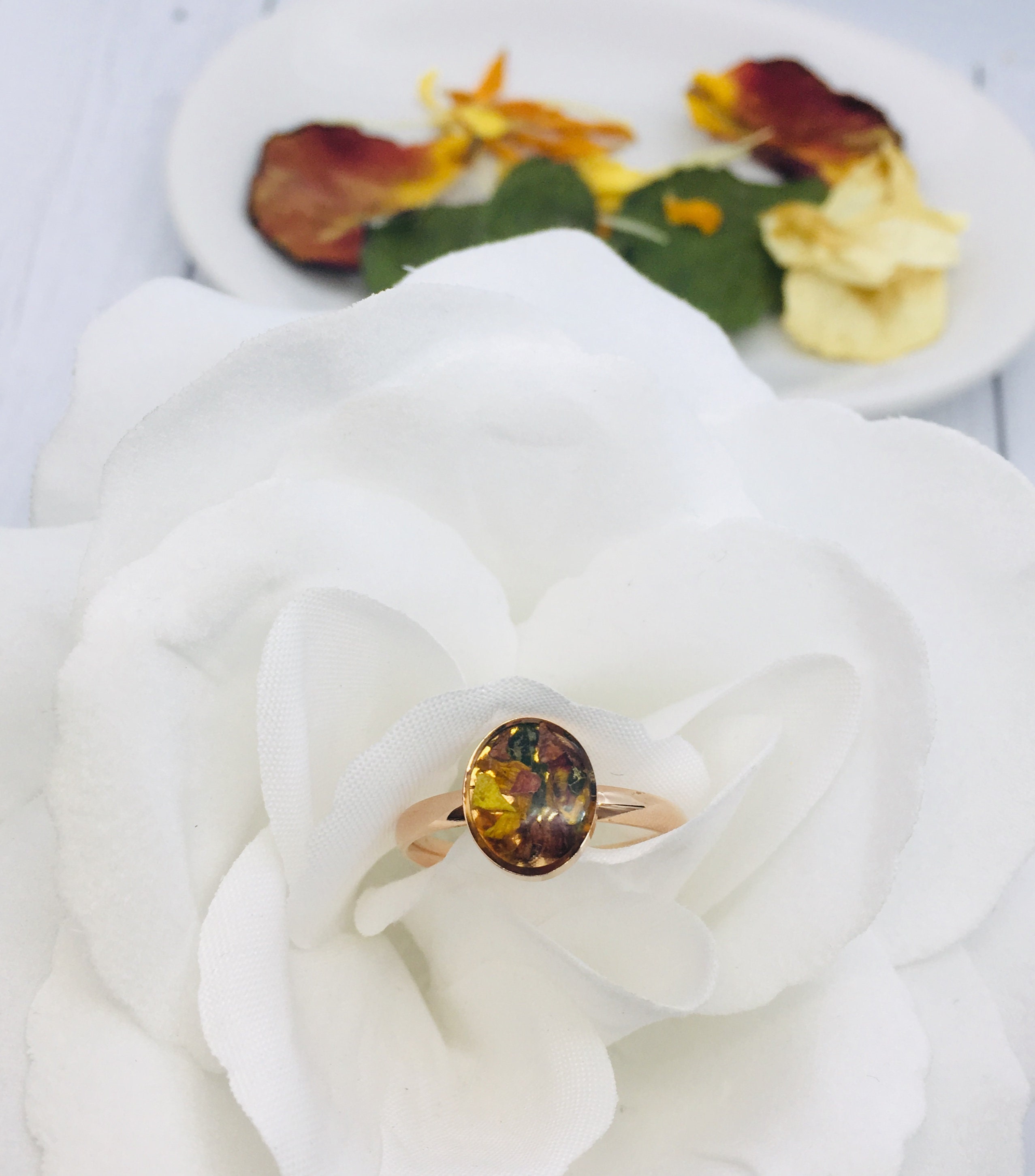 Dried Flower Oval Memorial Ring, Wedding Flower Ring, Dried Flower ...
