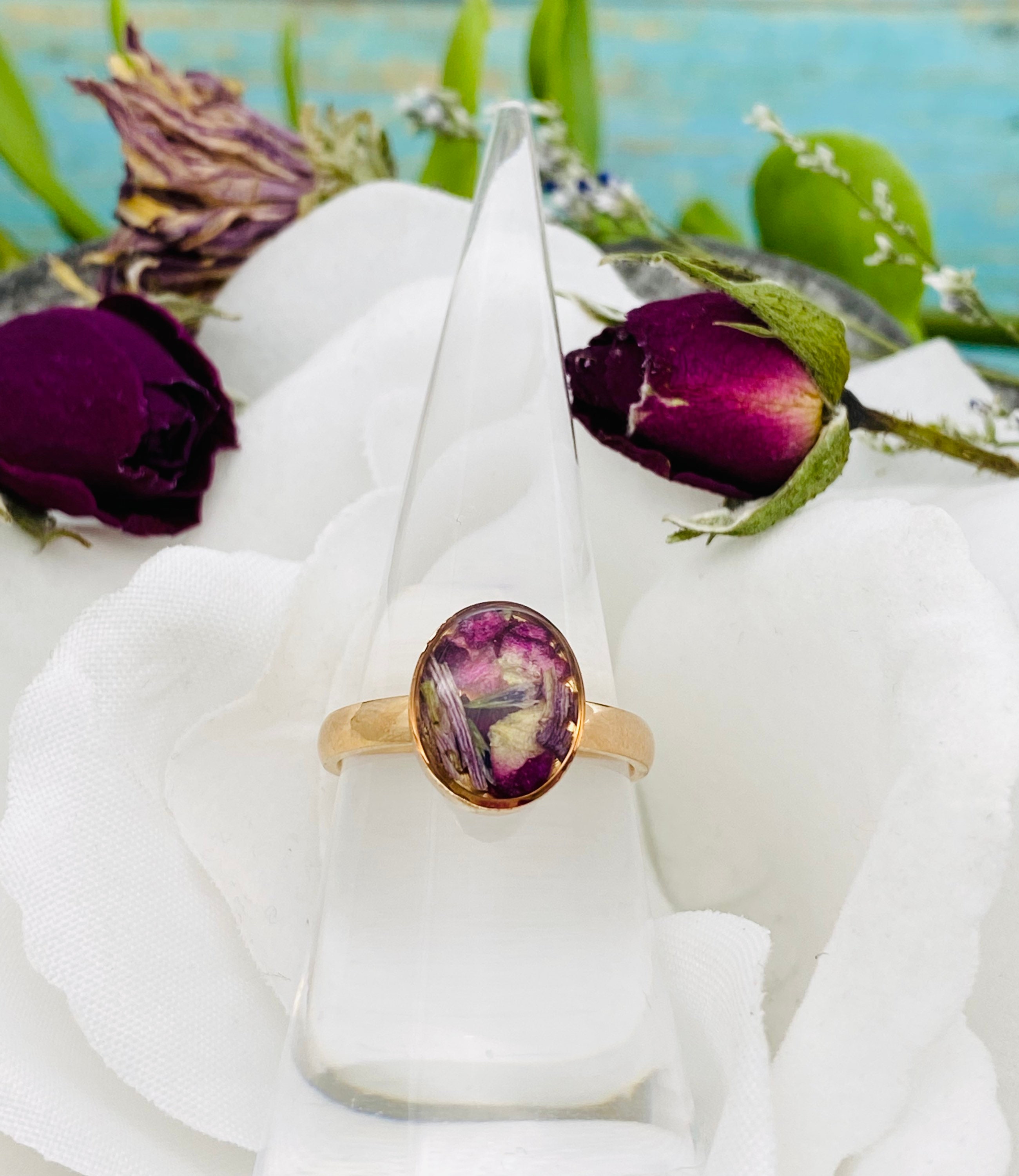 Dried Flower Oval Memorial Ring, Wedding Flower Ring, Dried Flower ...