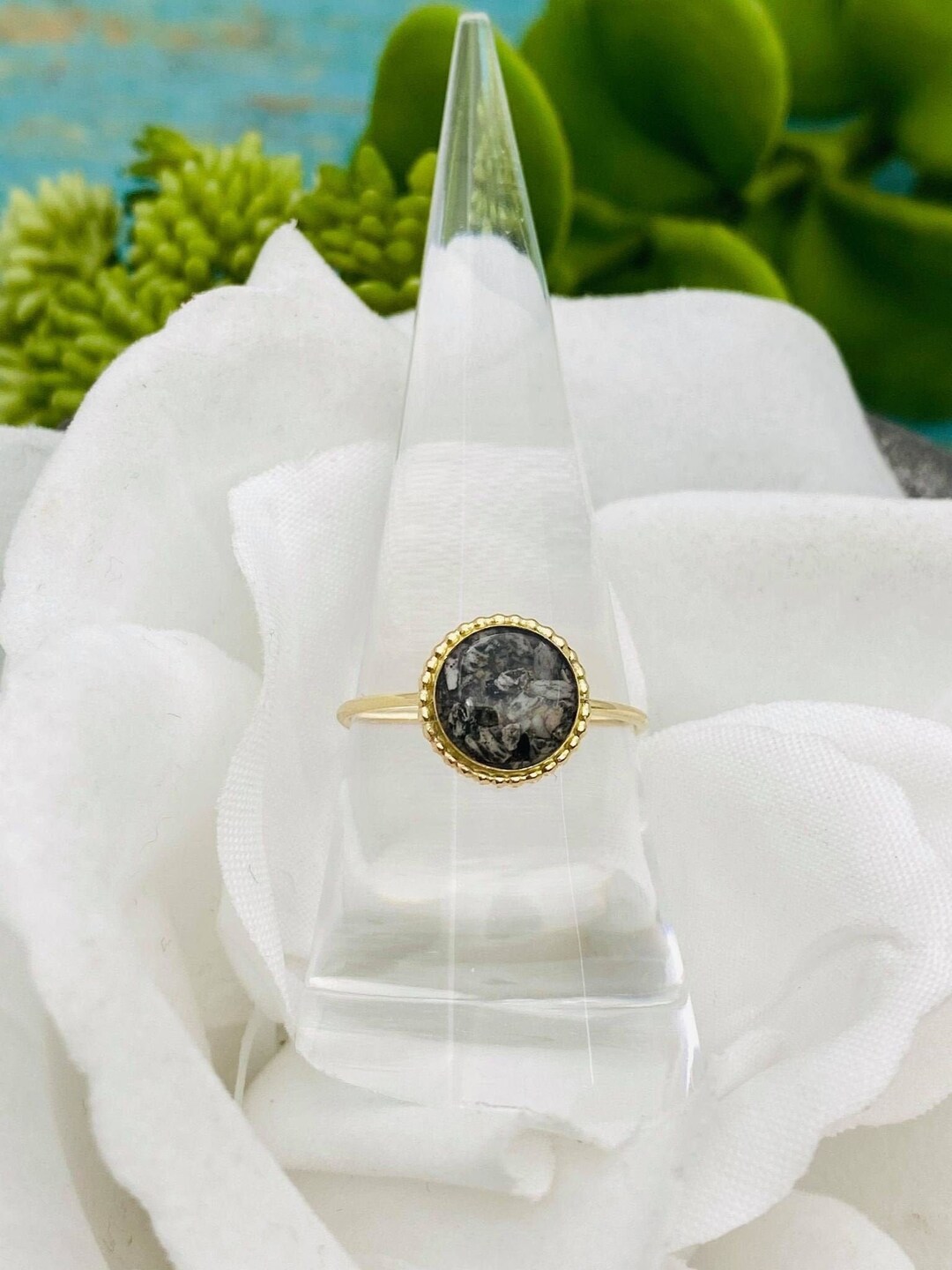 14/20K Gold Filled 8mm Round Cremation Ring With Beaded Edge Dainty 1mm ...