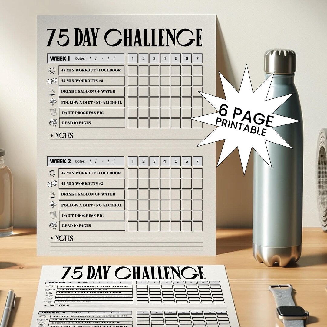 75 Day Challenge Printable PDF, 75 Day Tracker, 75 Day Checklist, 75 ...