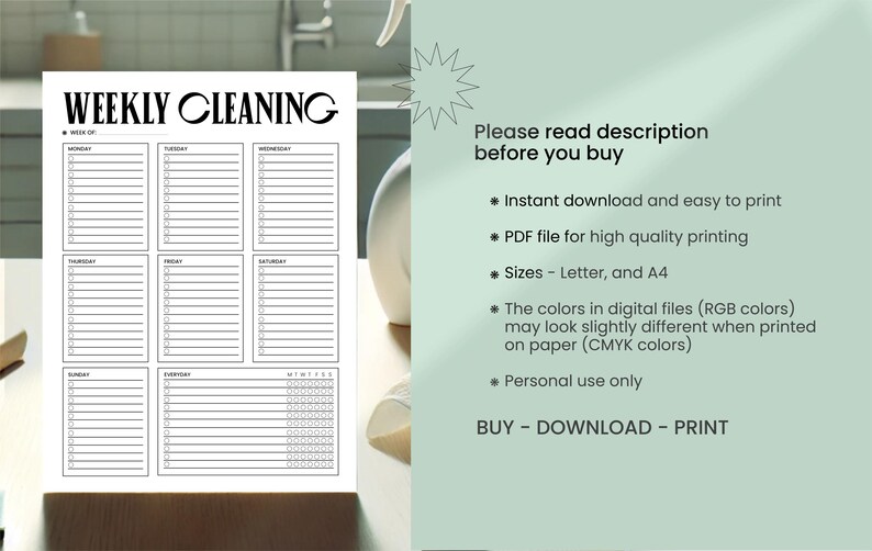 Weekly Cleaning Schedule Printable PDF, Weekly Tasks, Cleaning Tracker ...