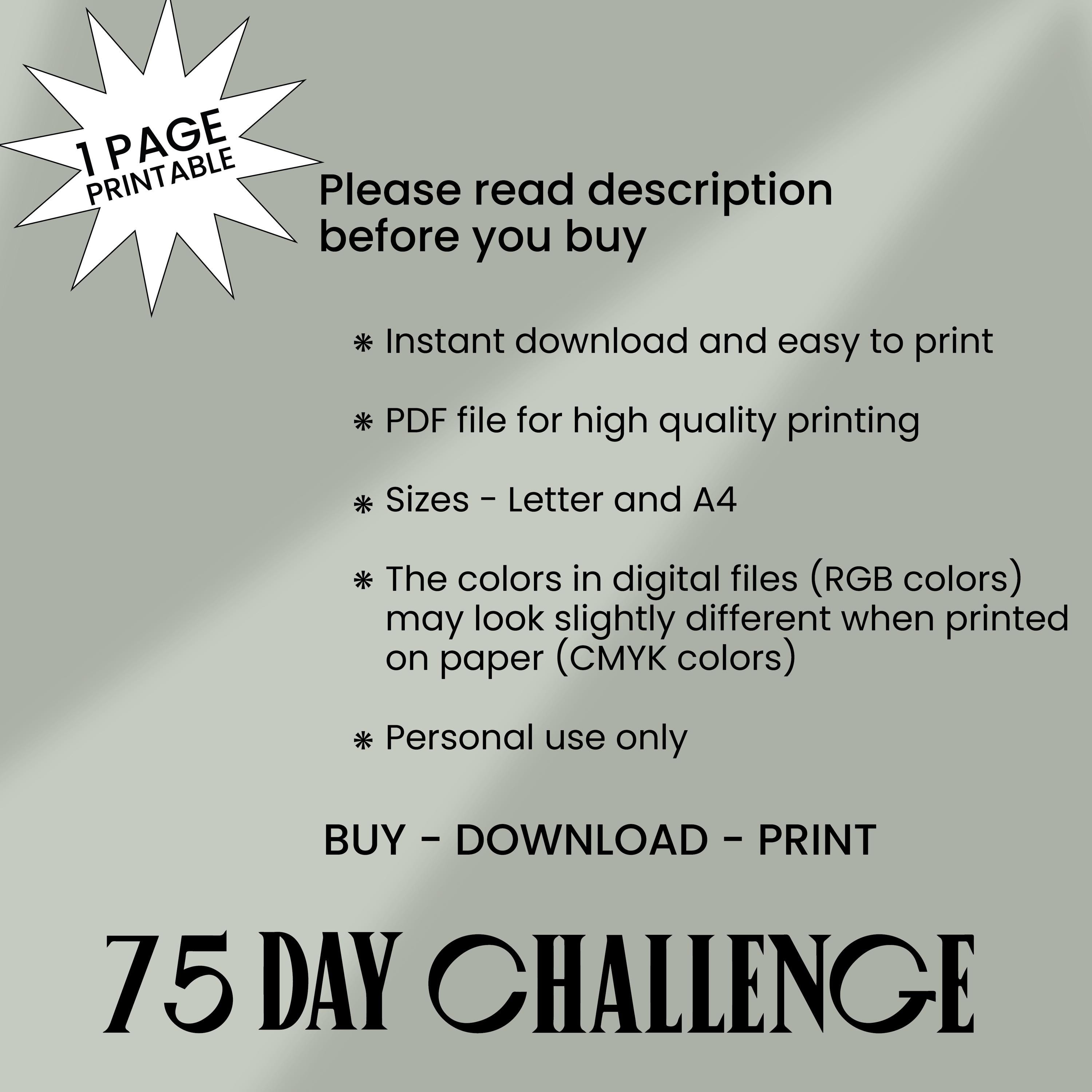 75 Day Challenge Printable PDF, 75 Day Tracker, 75 Day Checklist, 75 ...