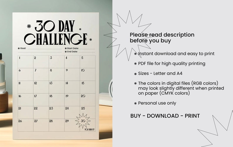 30-day Goal Habit Tracker Download, 30-day Challenge Printable, Digital ...
