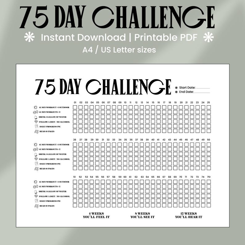 75 Day Challenge Tracker, Habit Checklist (printable PDF) - Etsy