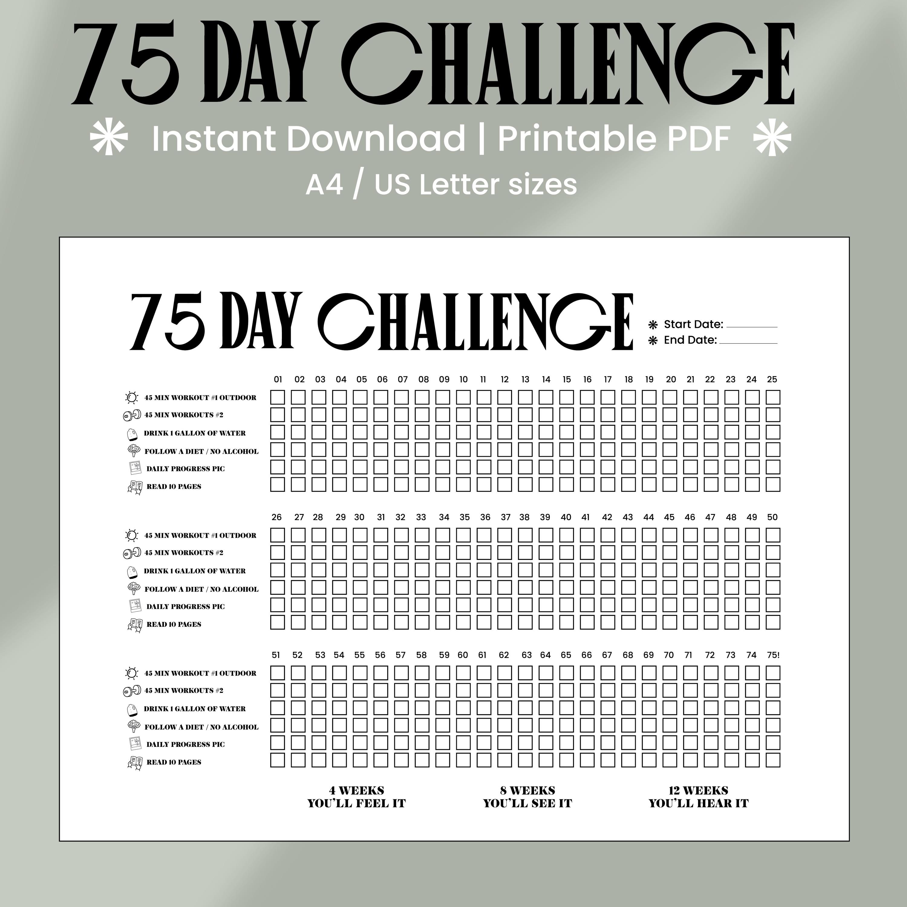 75 Day Challenge Printable PDF, 75 Day Tracker, 75 Day Checklist, 75 ...