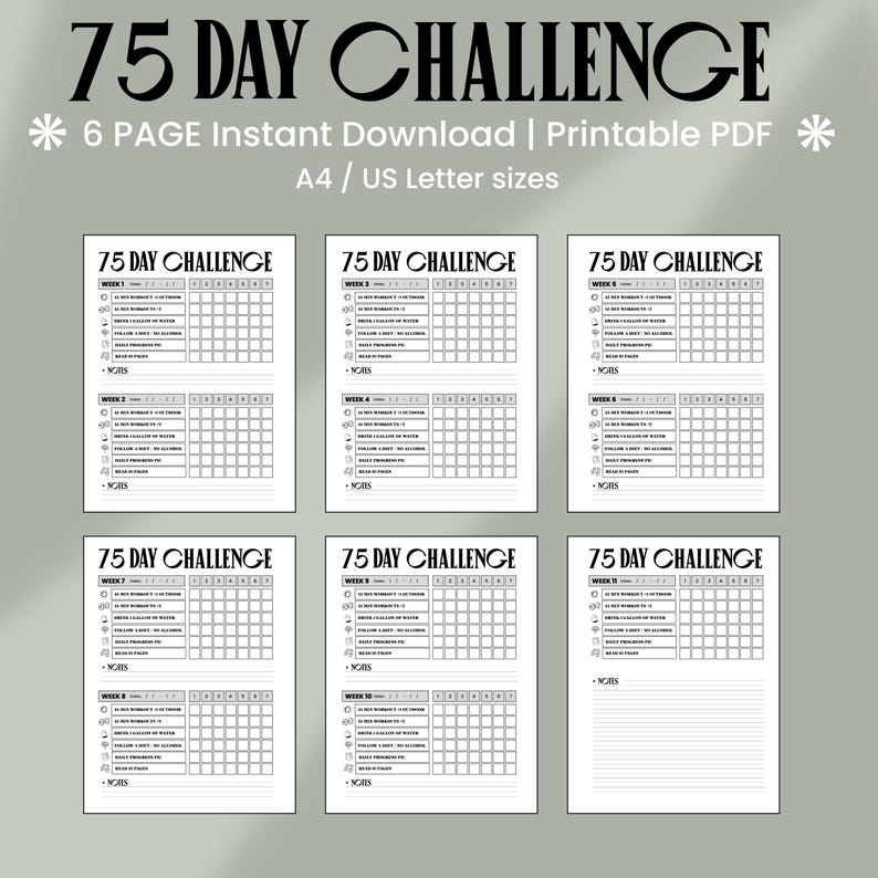 75 Day Challenge Printable PDF, 75 Day Tracker, 75 Day Checklist, 75 ...