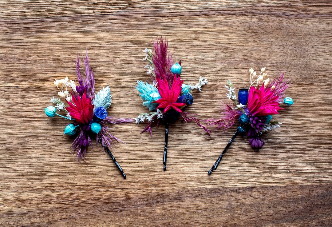 Set of Flower Hair Pins/ Pink, Magenta, Mint, Purple Dried Flowers ...