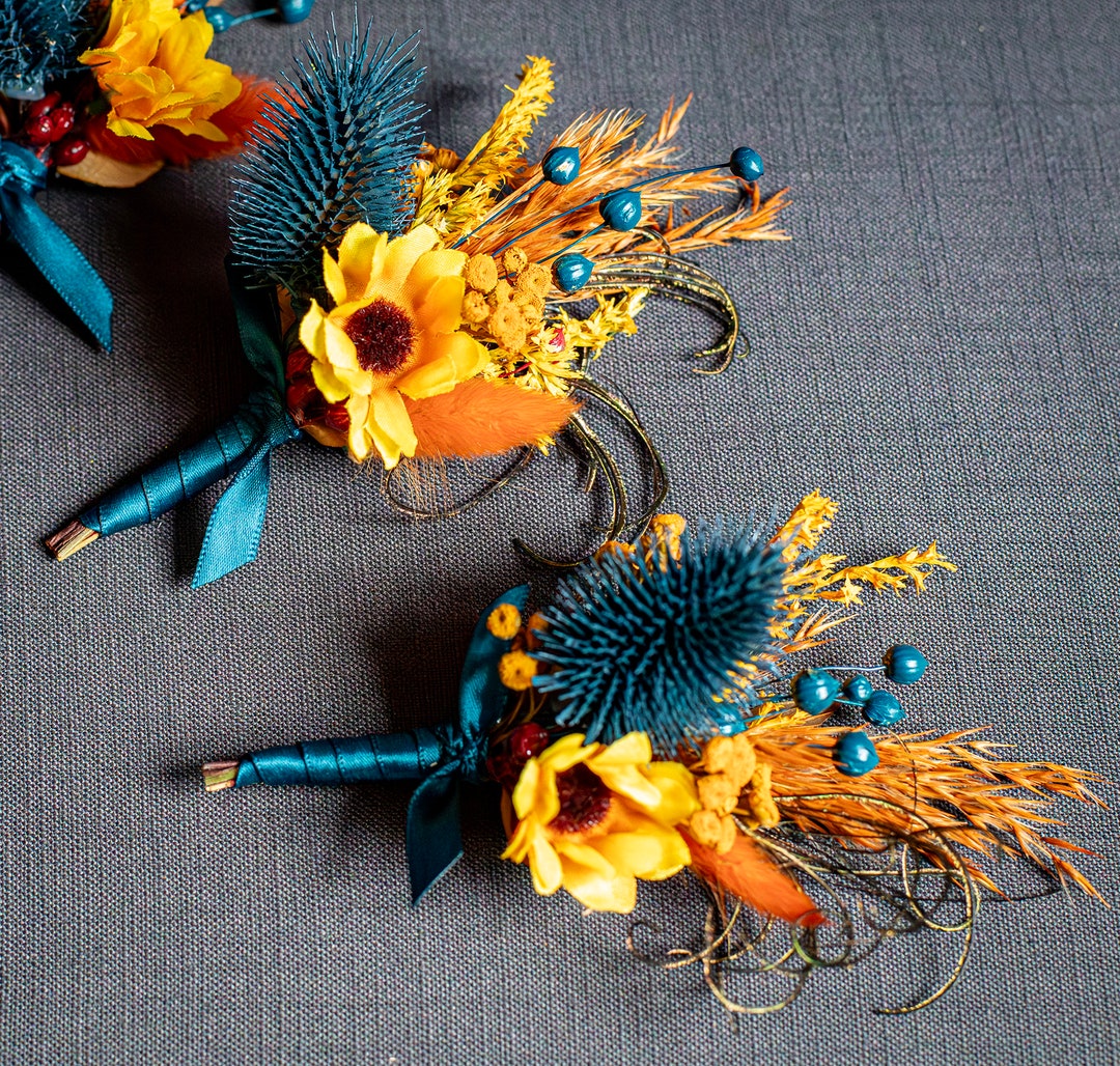 Sunflower & Thistle Buttonhole / Yellow, Orange, Blue, Colour Groomsmen ...