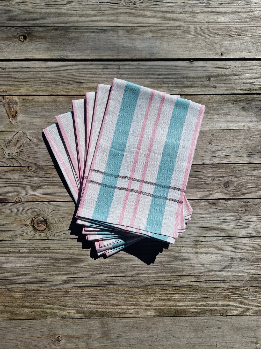 Set of 6 Vintage Linen Kitchen Towels | Striped Damask Linen Napkins ...