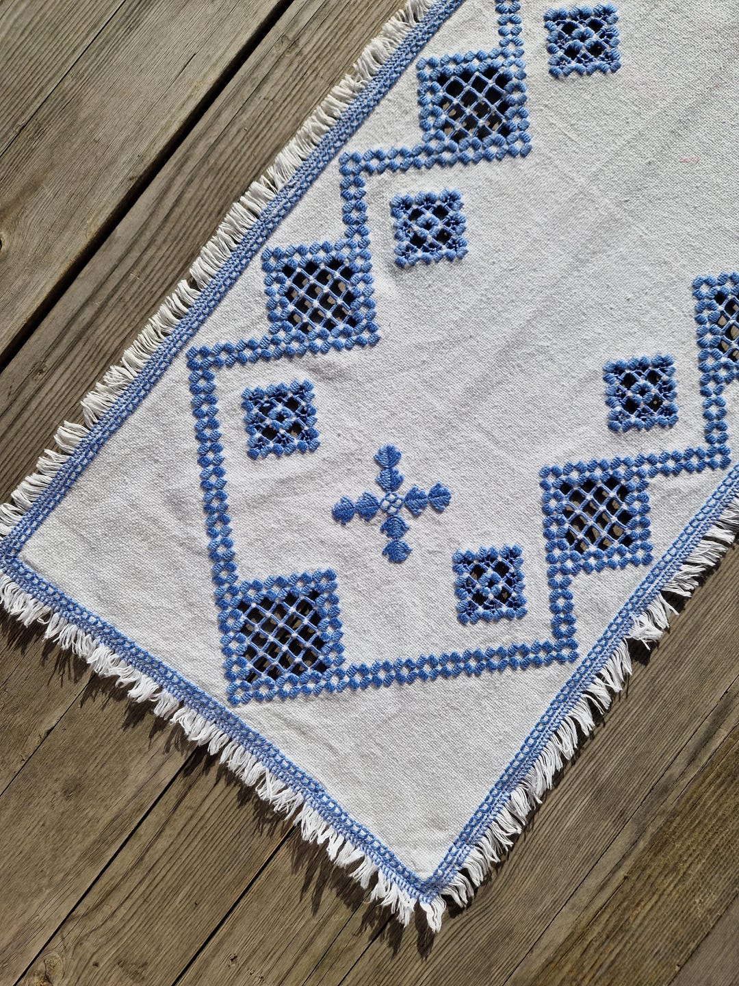Vintage Norwegian Hardanger Table Runner Blue White Hand