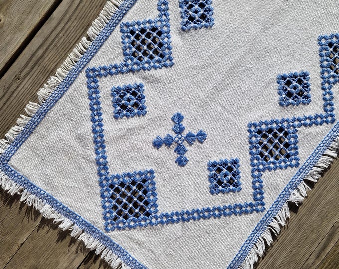 Vintage Norwegian Hardanger Table Runner | Blue & White Hand ...