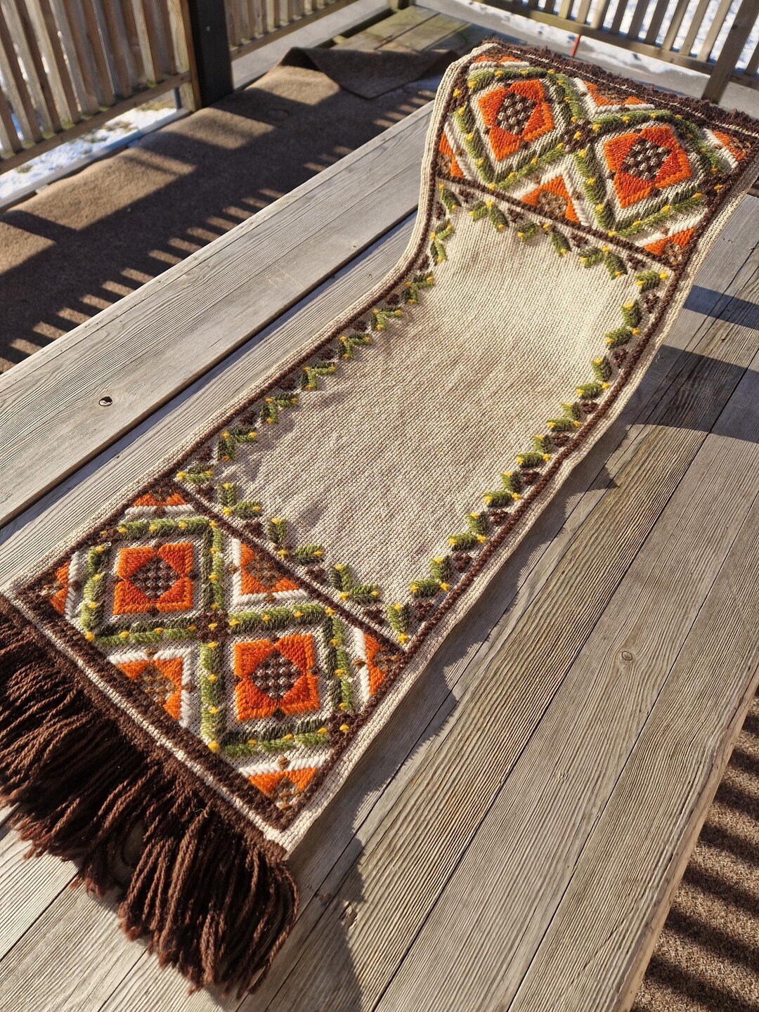 Vintage Norwegian Embroidered Table Runner: Wool on Linen, Geometric ...