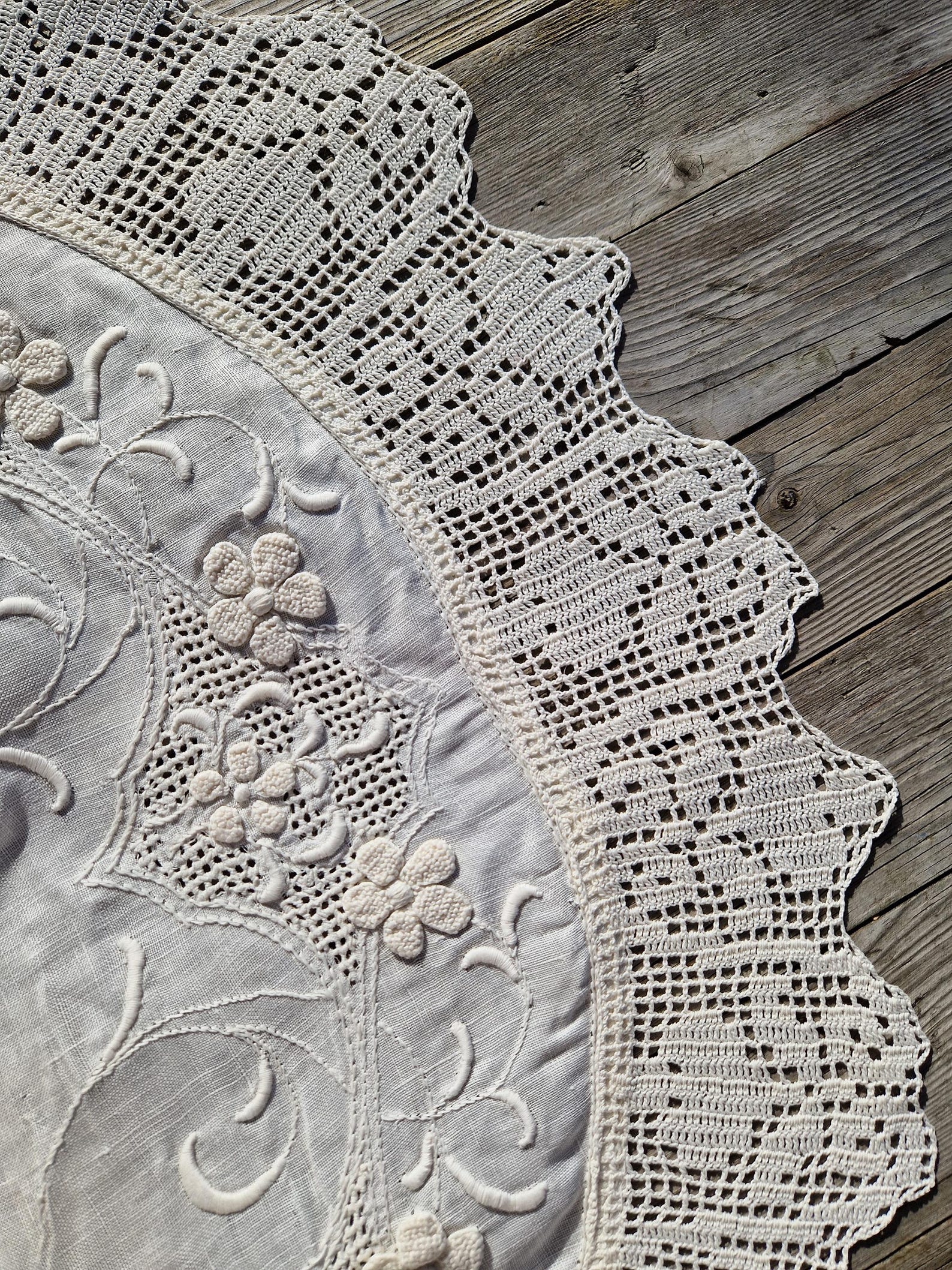Antique Hand Embroidered Linen Doily: Crochet Lace Trim, English ...