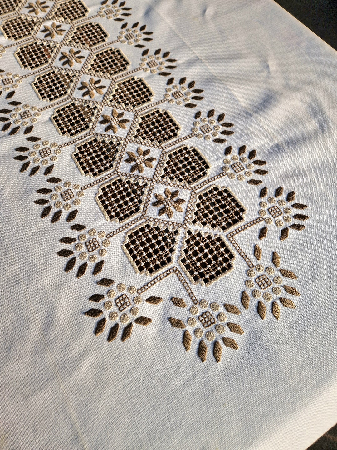 Vintage Norwegian Hardanger Tablecloth | Whitework Embroidery on Heavy ...