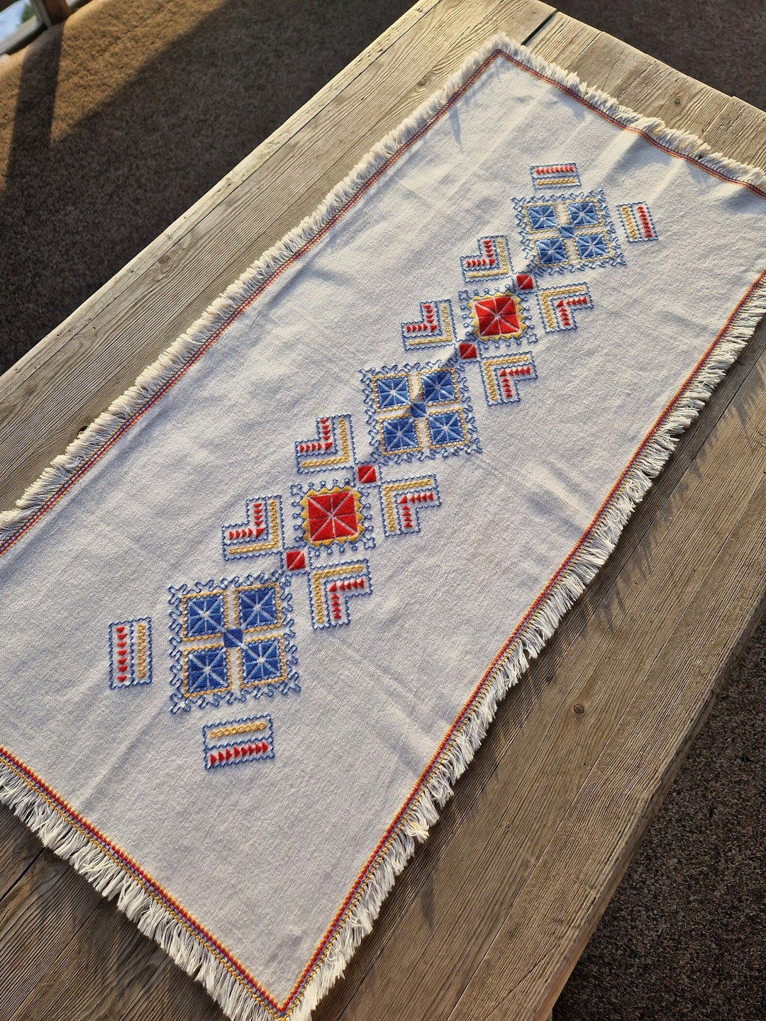Vintage Embroidered Table Runner Norwegian Table Runner Fringed Table ...