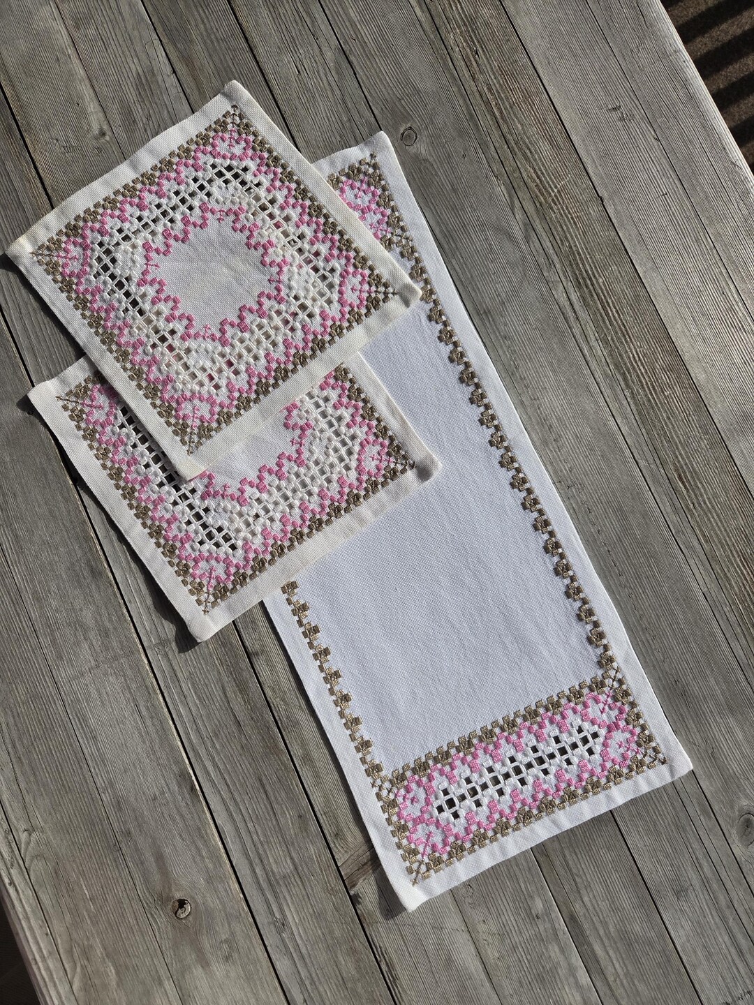 Vintage Hardanger Table Runner Set | Scandinavian Cotton-linen ...