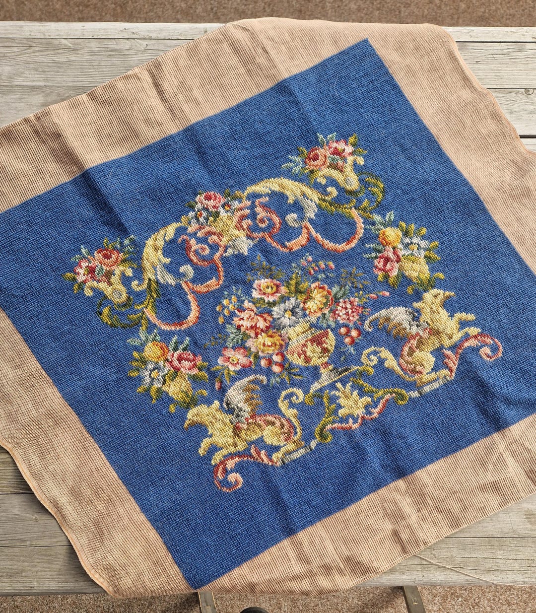 Vintage Needlepoint Tapestry | Baroque Griffin & Floral Panel | Hand ...