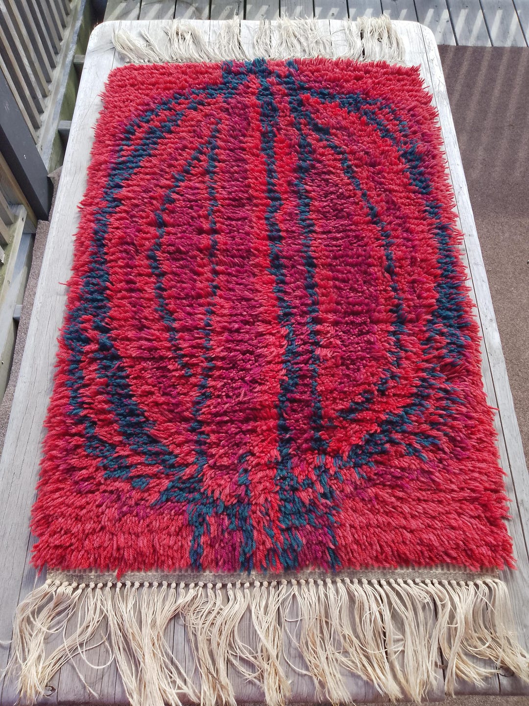 Vintage Scandinavian Rya Rug | Deep Red & Purple Wool Shag | Retro ...