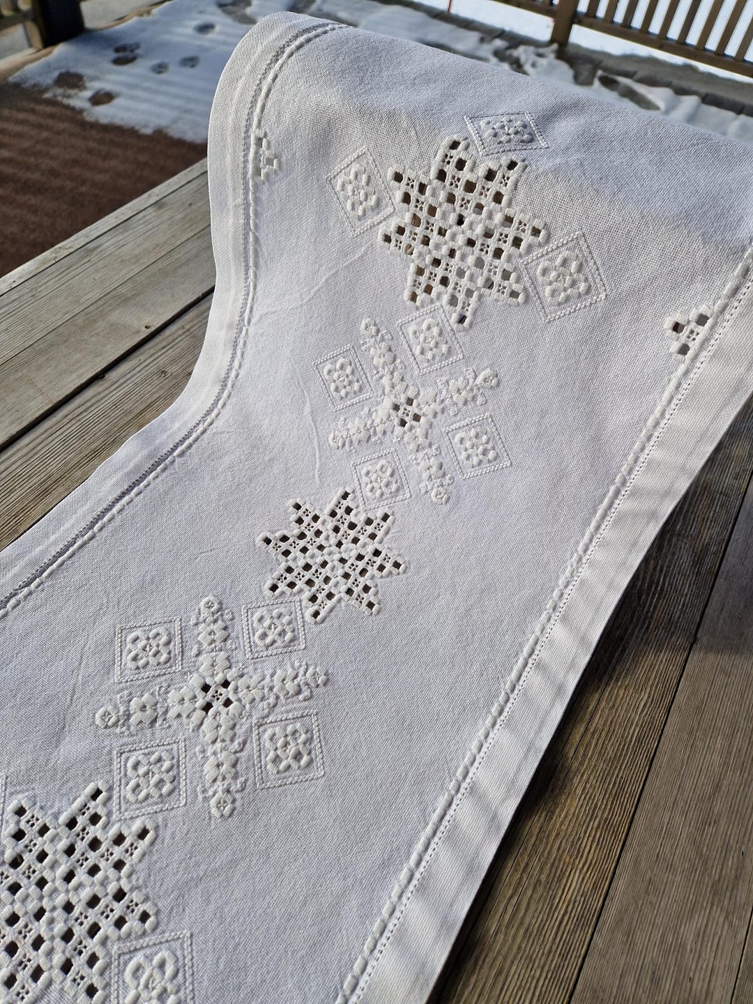 Vintage Hardanger Table Runner: Hand Embroidered Linen, Scandinavian ...