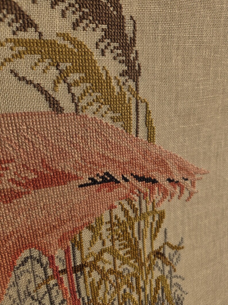 Vintage Flamingo Needlepoint | Hand Embroidered Bird Art on Linen | Mid ...