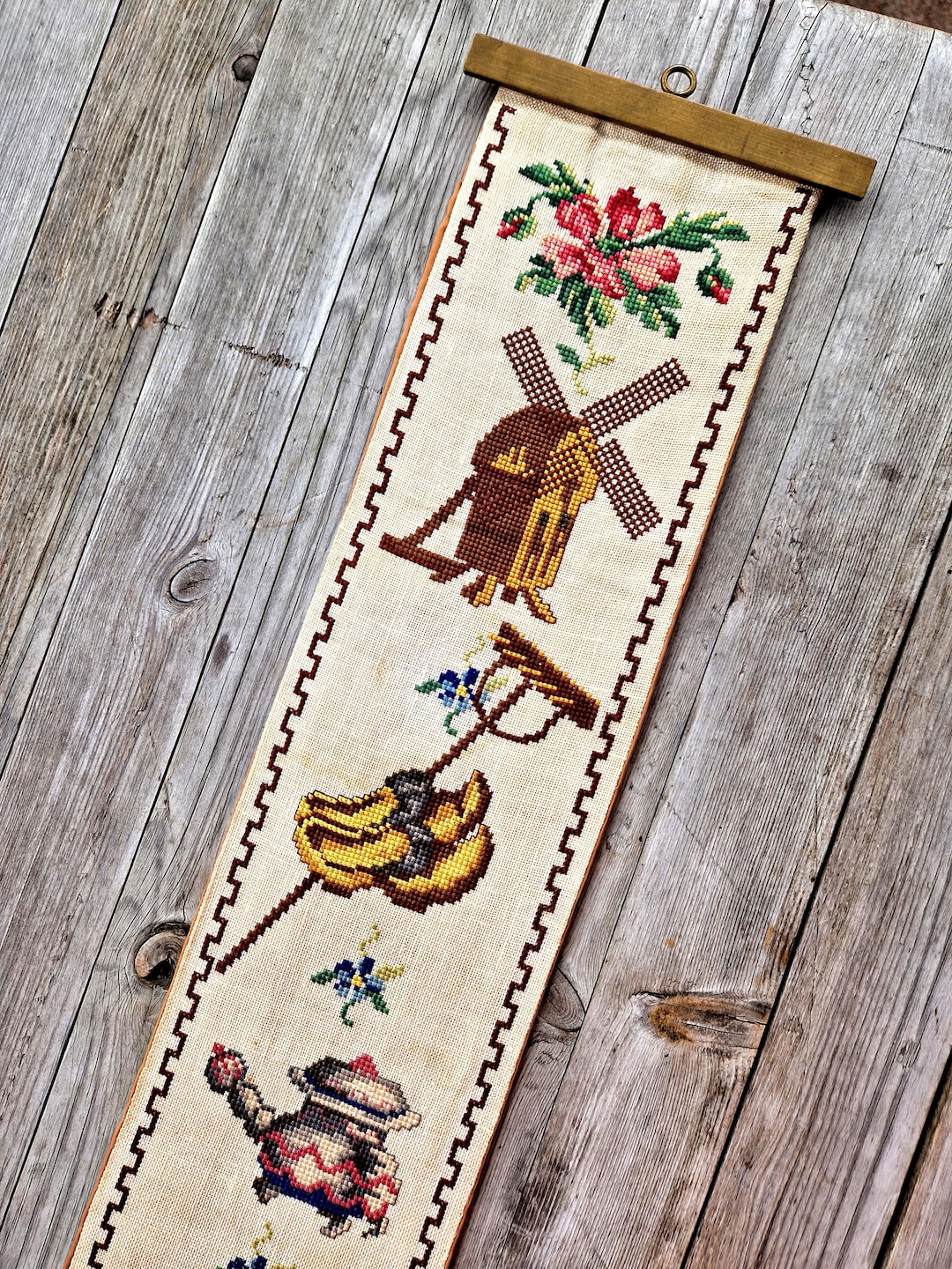 Vintage Embroidered Bell Pull Wool Tapestry Dutch Folk Art European ...