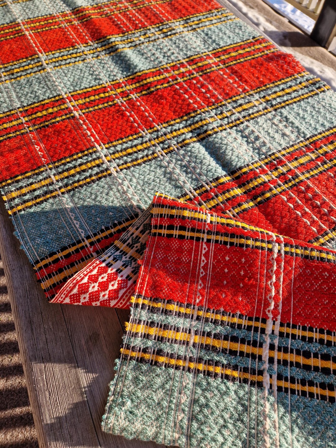 Vintage Overshot Table Runner Norwegian Handwoven Folk Textile Red