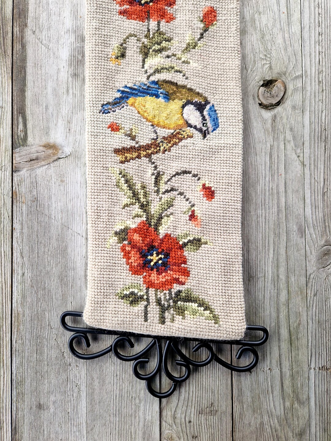 Vintage Norwegian Wool Tapestry: Embroidered Bird & Poppies Bell Pull ...