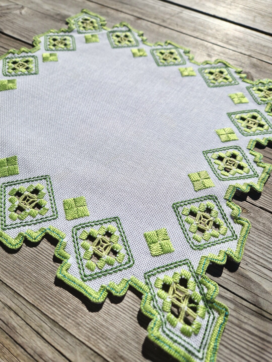 Vintage Hardanger Table Square | White Linen With Lime & Forest Green ...