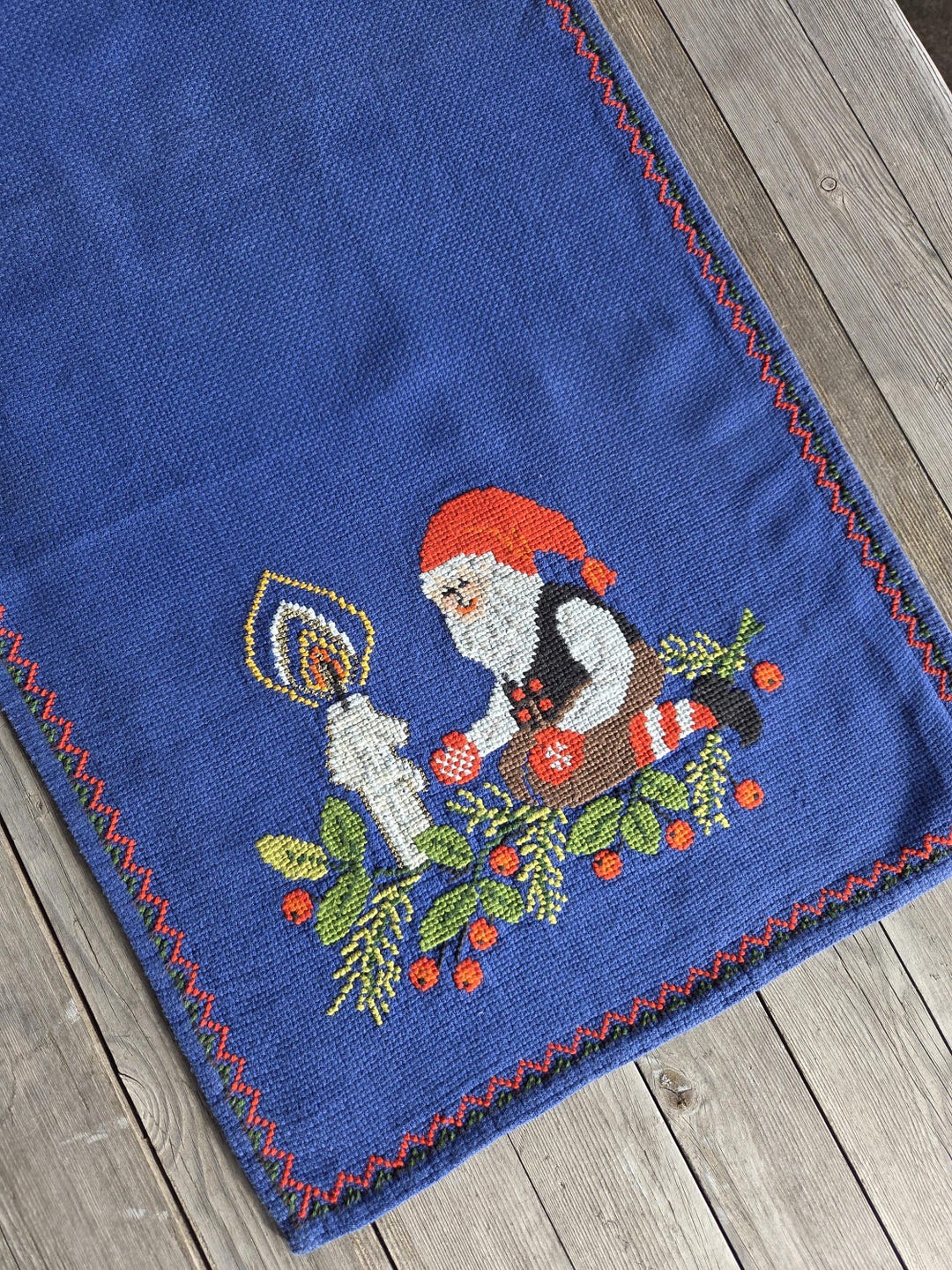 Vintage Norwegian Christmas Table Runner | Hand Embroidered Royal Blue ...