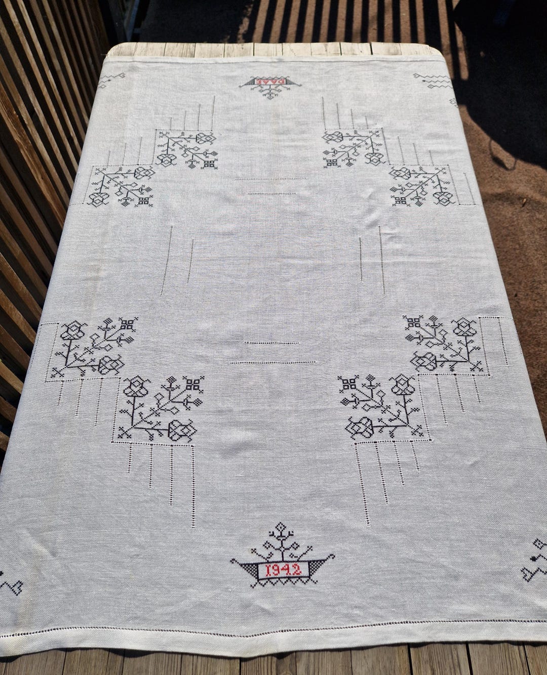 Antique Blackwork Linen Tablecloth | 1942 Hand Embroidered Textile ...