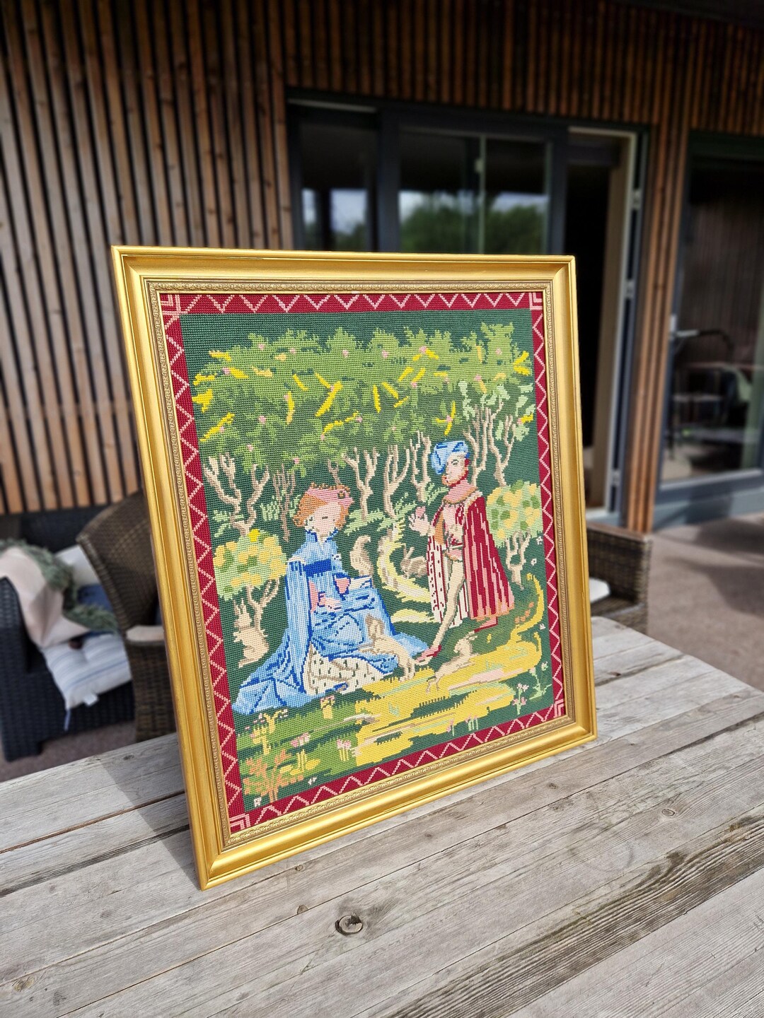 Vintage Framed Needlepoint Medieval Art Embroidered Wall Art Framed ...