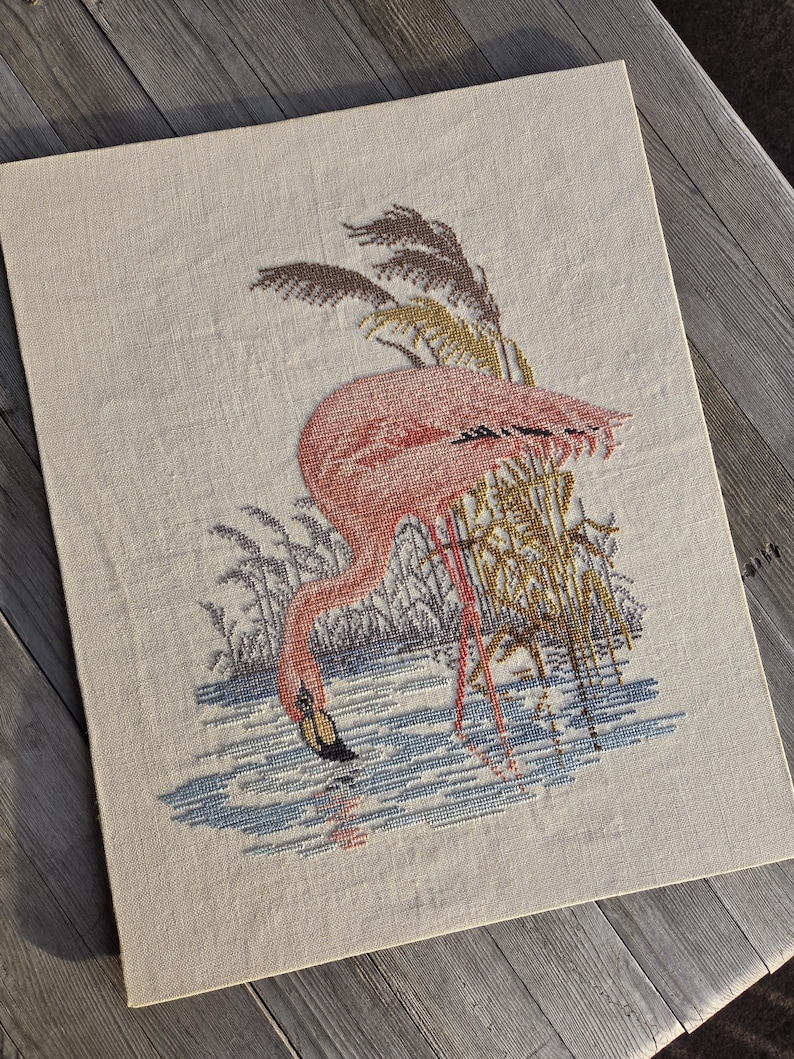 Vintage Flamingo Needlepoint | Hand Embroidered Bird Art on Linen | Mid ...