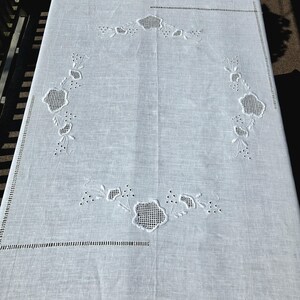 Vintage White Linen Tablecloth | English Whitework-style Embroidery ...