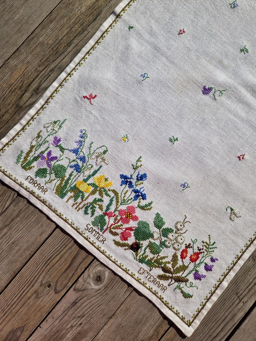 Vintage Norwegian Linen Table Runner | Hand Embroidered Floral Seasons ...