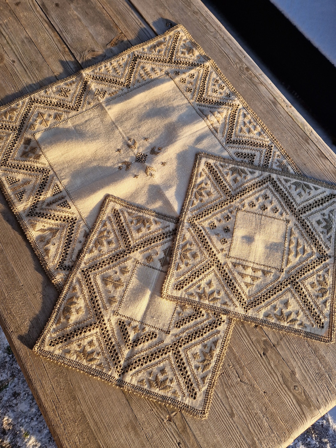 Vintage Norwegian Hardanger Embroidery Linen Set – 3-piece Natural ...