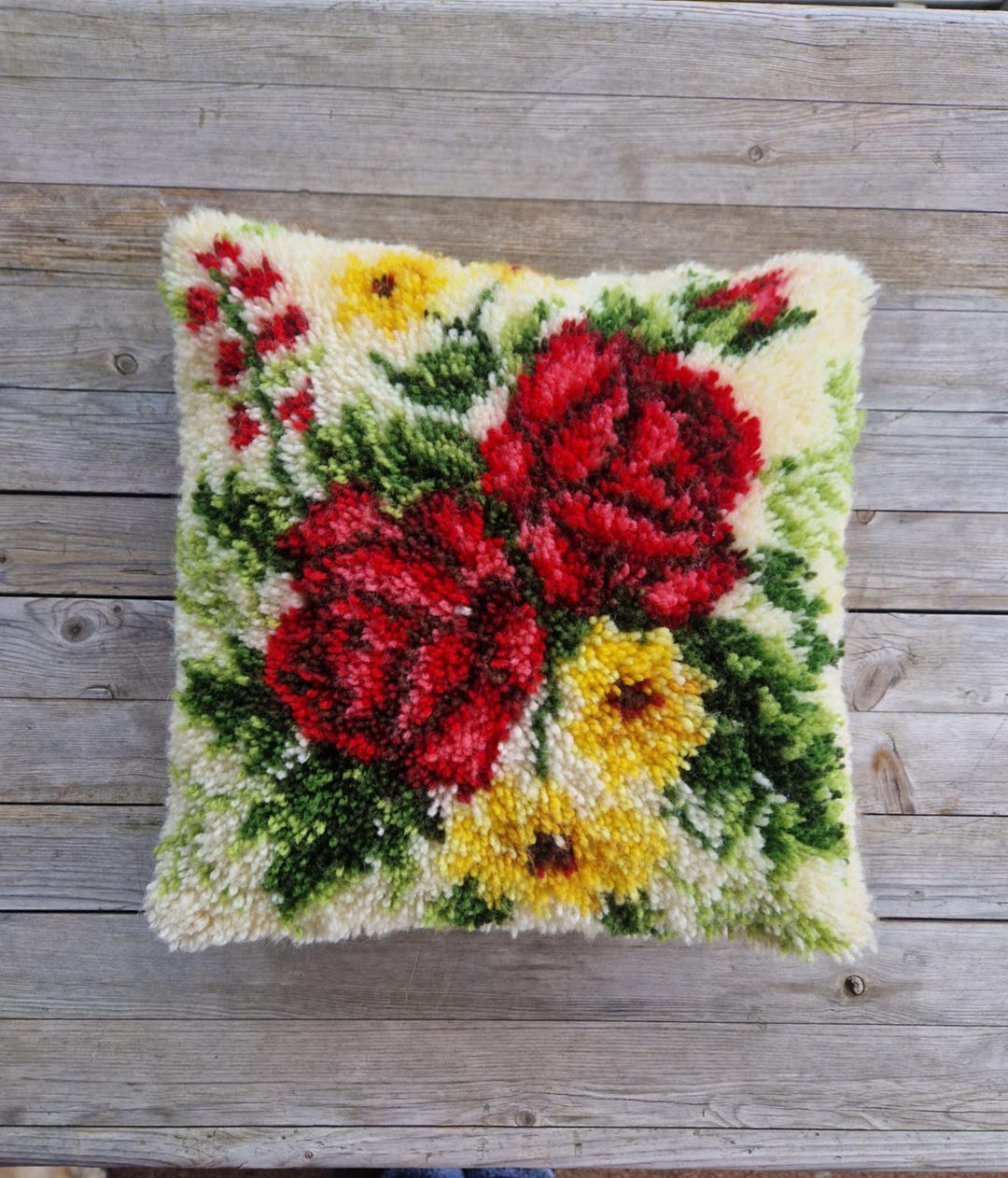 Vintage Rose Rya Rug Pillow: 1970s Nordic Floral Hand-knotted Wool ...