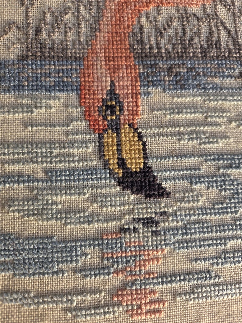 Vintage Flamingo Needlepoint | Hand Embroidered Bird Art on Linen | Mid ...