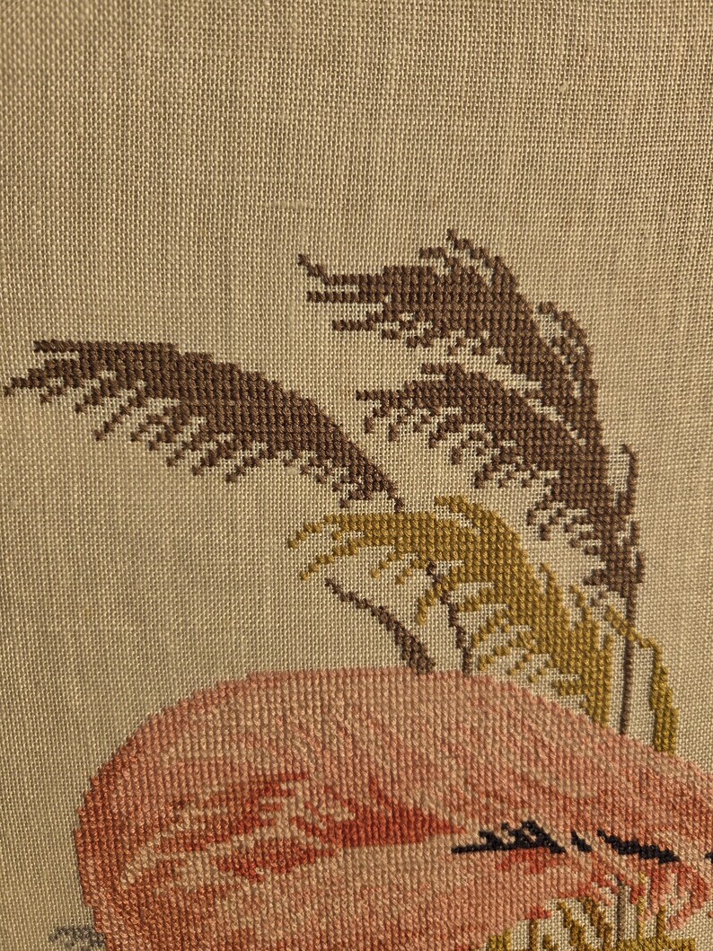 Vintage Flamingo Needlepoint | Hand Embroidered Bird Art on Linen | Mid ...