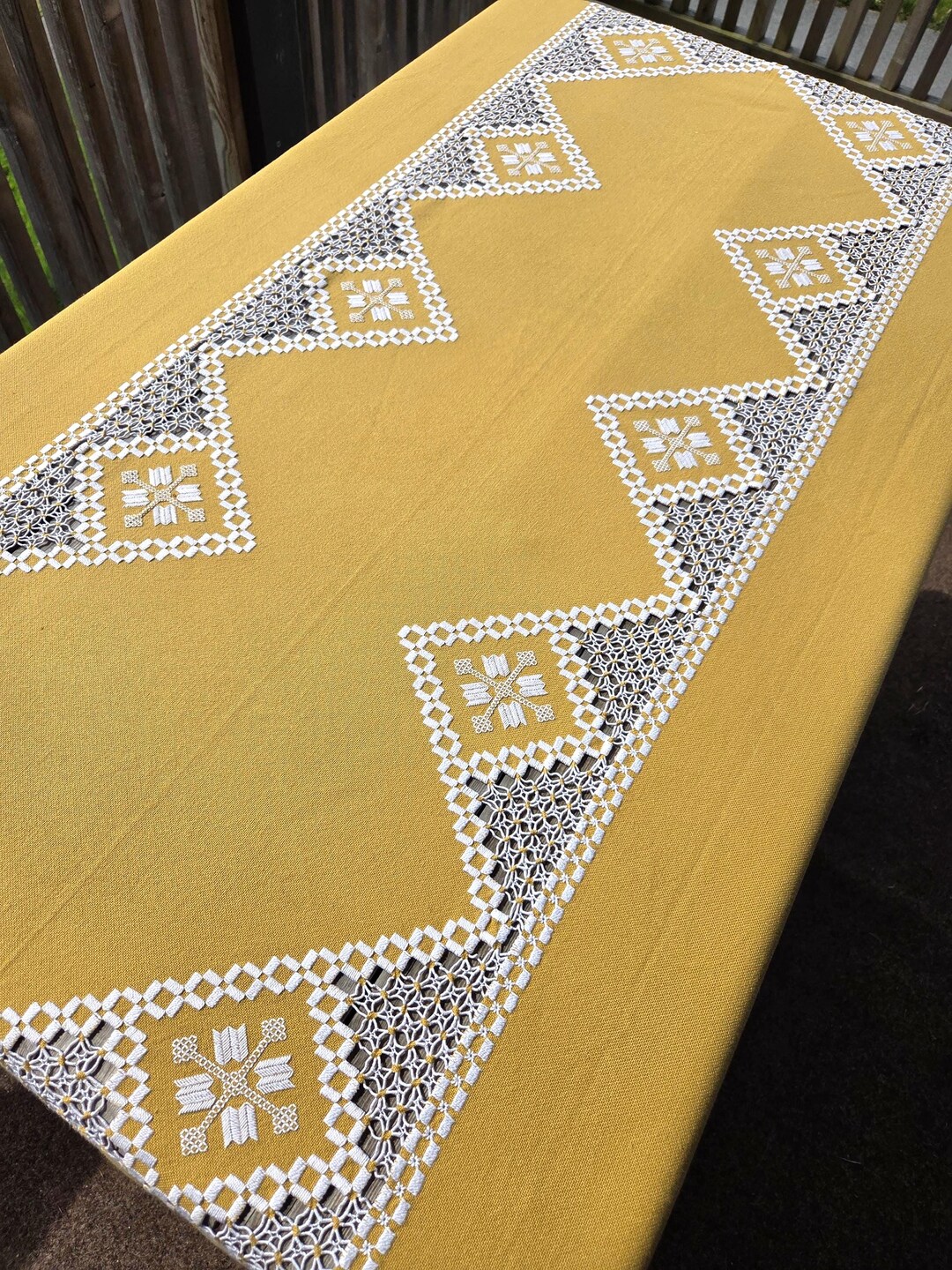 Vintage Norwegian Hardanger Tablecloth | 1960s Mustard Cotton | White ...