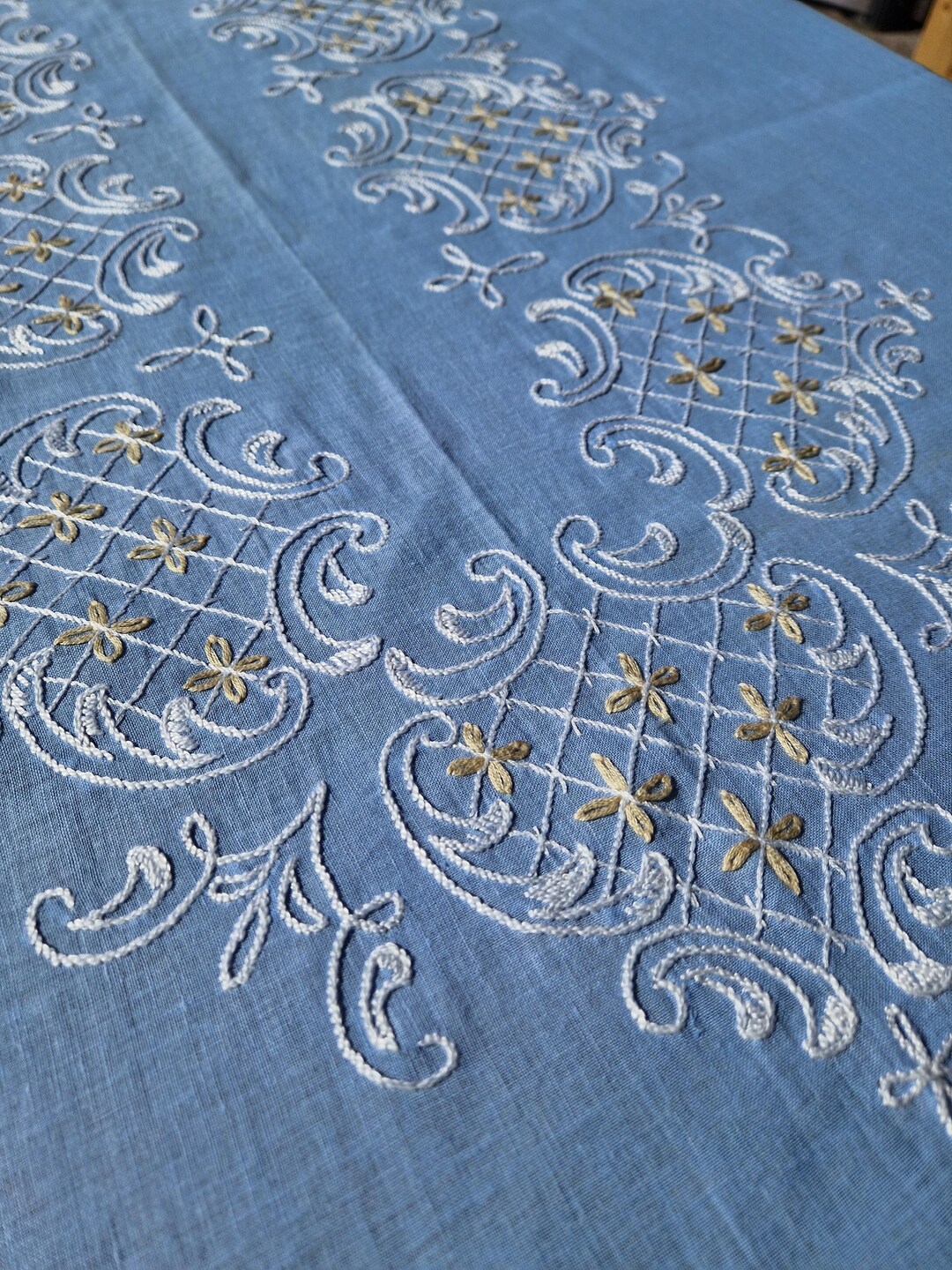 Vintage Blue Linen Table Runner | Norwegian Rosemaling Embroidery ...
