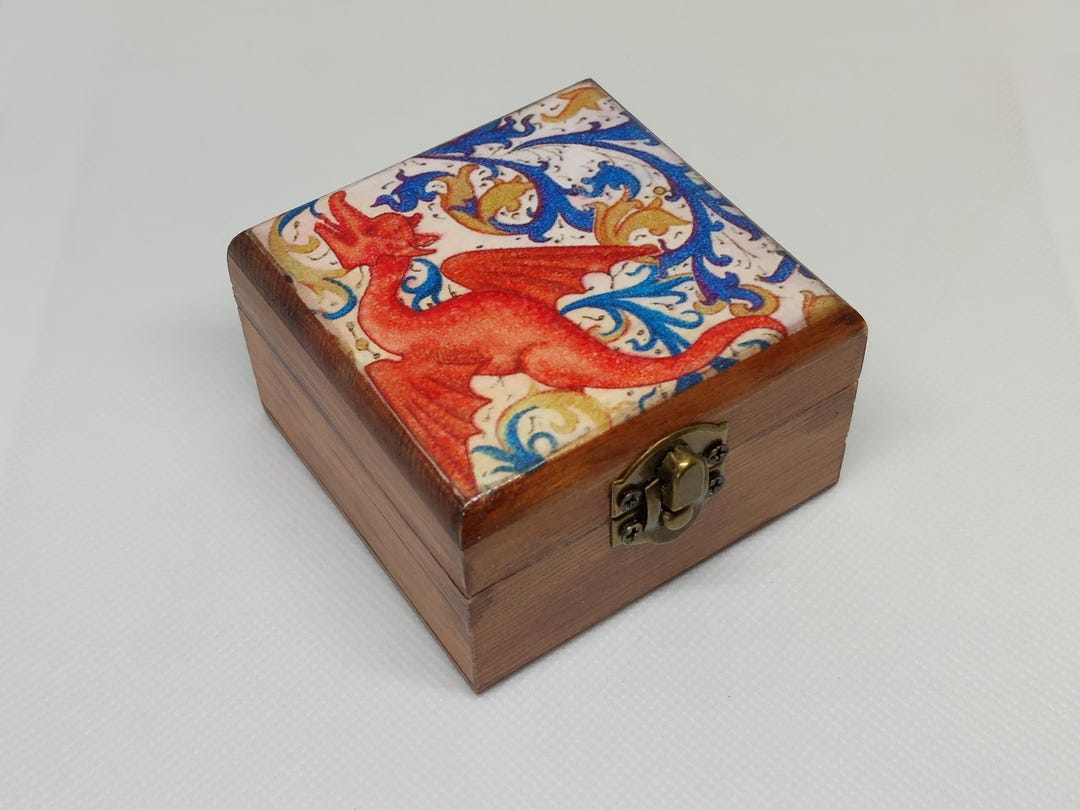 Small Square Box 7x7 Cm With a Cute Little Red Dragon From a Medieval ...
