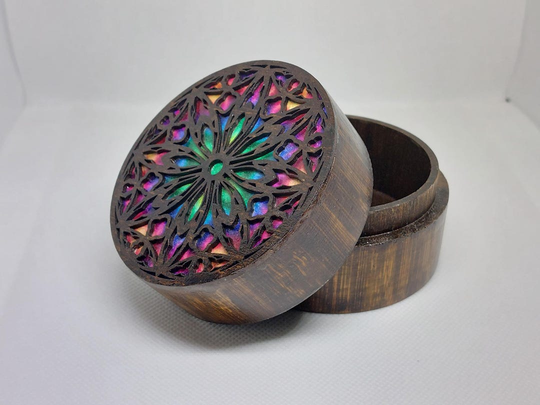 Oak-stained Bamboo Jewelry Box – Gothic Multicolored Rosette Lid - Etsy