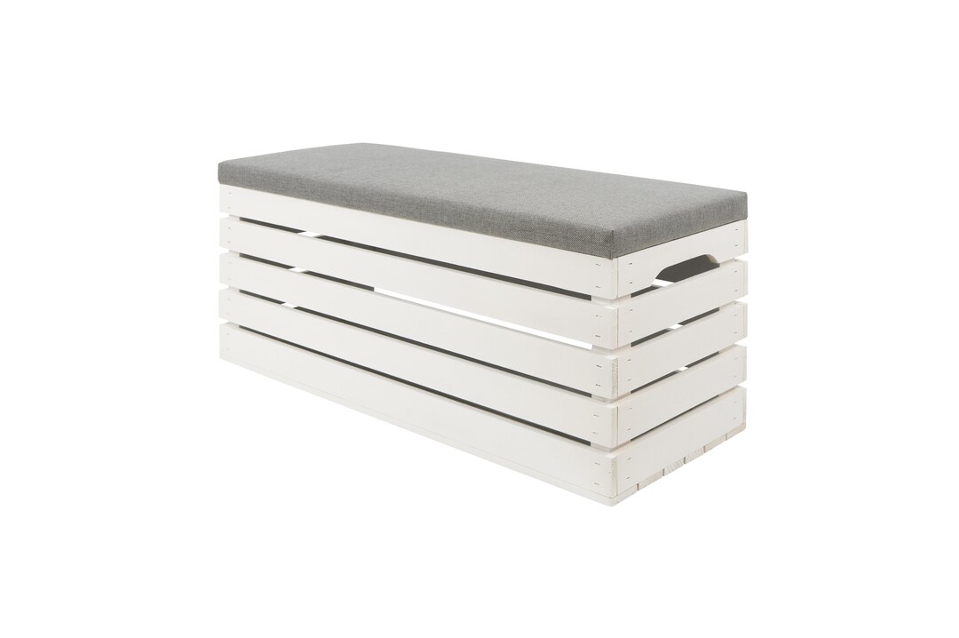 White Wood Upholstered Storage Bench – Crate Box Design (100 X 40 X 45 ...