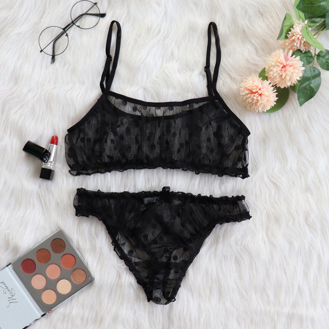 Polka Dot Lace Bralette Set Black Bralette Bralet Lace Etsy