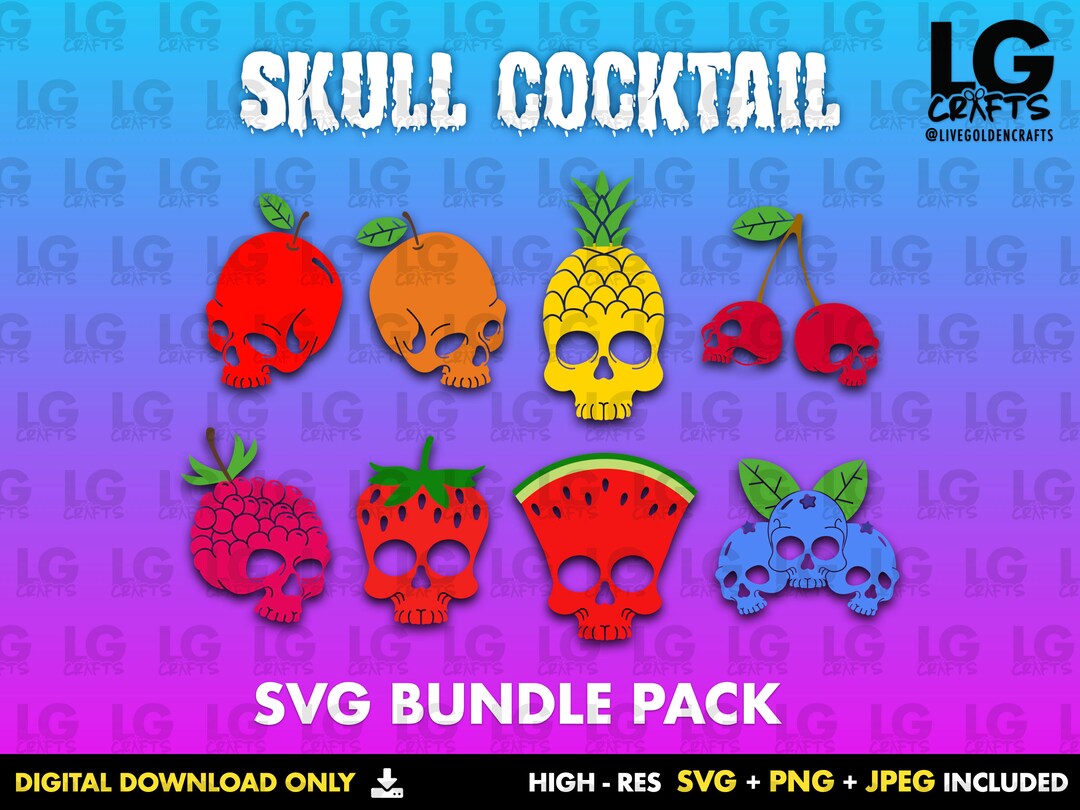Fruit Skull Cocktail SVG Bundle – 8 Kawaii Fruit Skulls – Pineapple ...