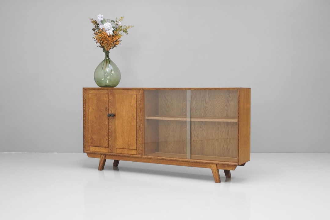 Mid Century Glazed Oak Bookcase and Cupboard - Etsy